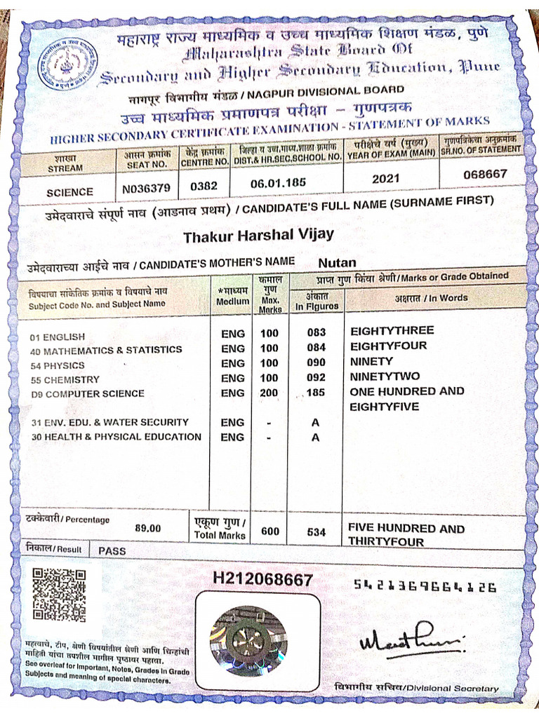 HSC Marksheet PDF | PDF