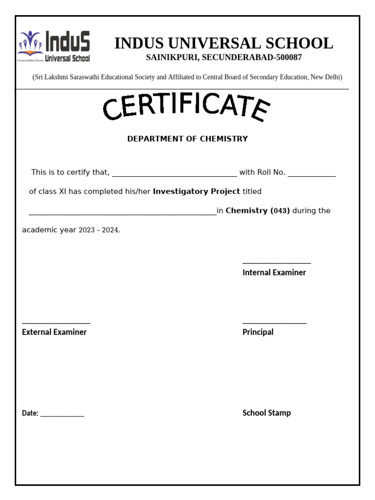 Class 11 Chemistry Project Certificate Pdf