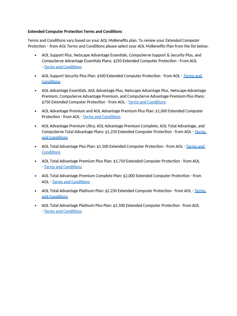 AOL Extended Computer Protection Costs | PDF