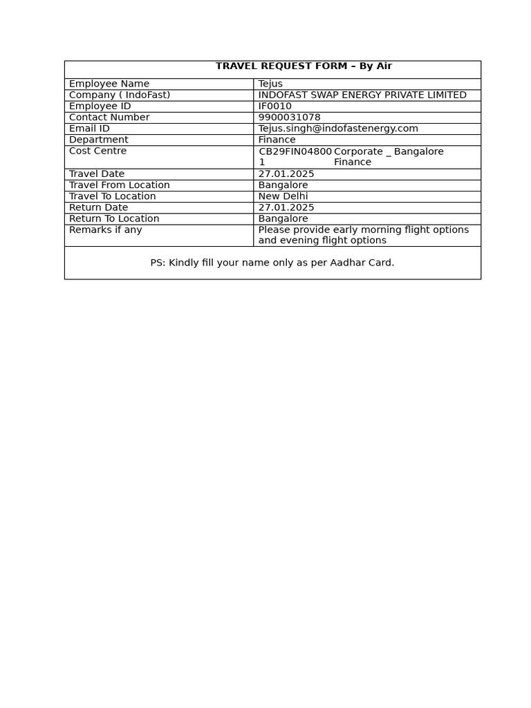 Air Travel Request Form - IndoFast | PDF