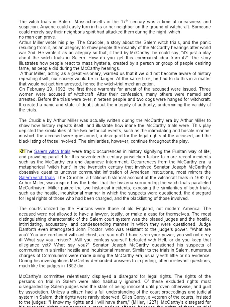 The Crucible's Parallels Between the Salem Witch Trials and McCarthyism ...