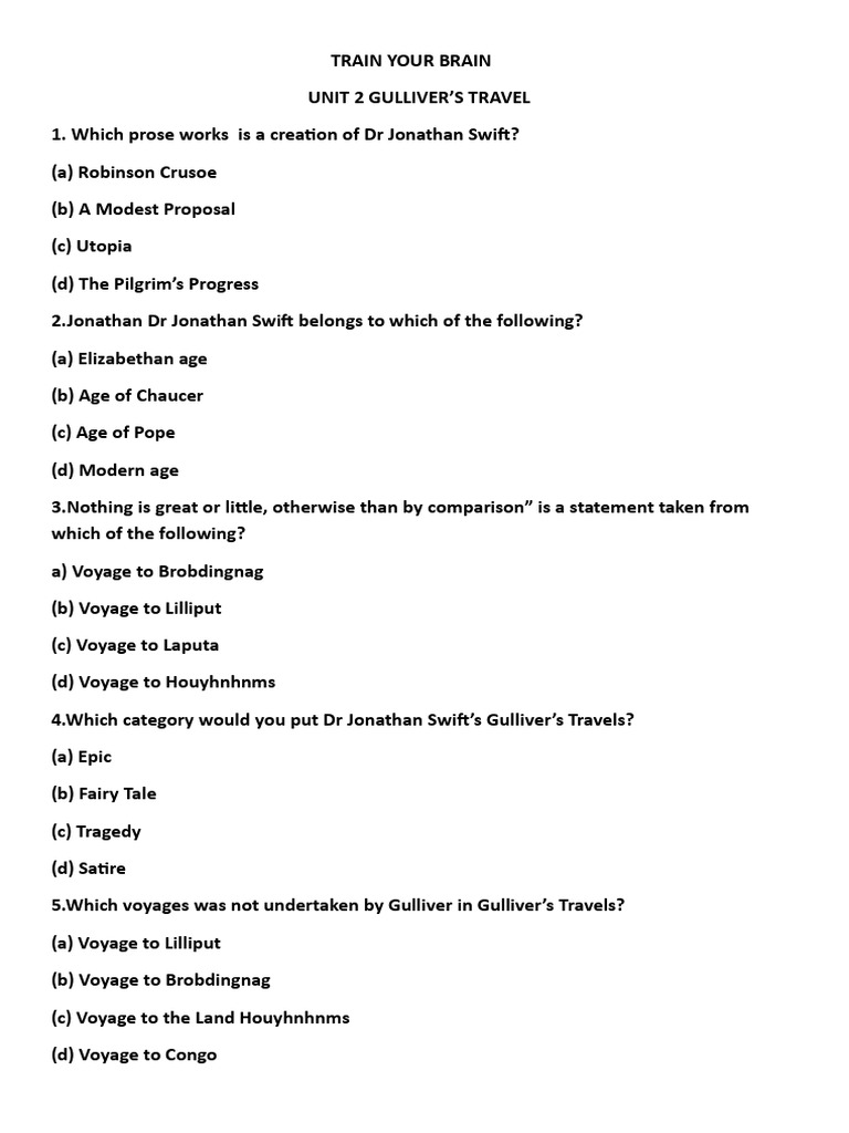 Gulliver's Travels: Quiz & Answers | PDF | Gulliver's Travels ...