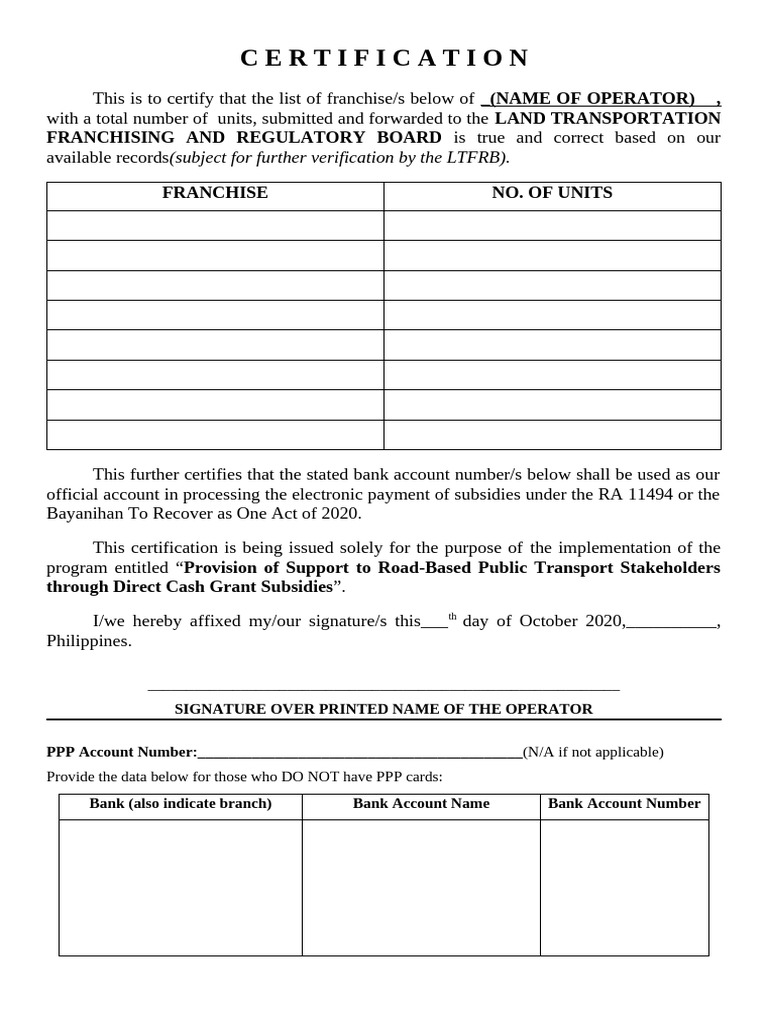 Certification for Franchise Units and Subsidy | PDF