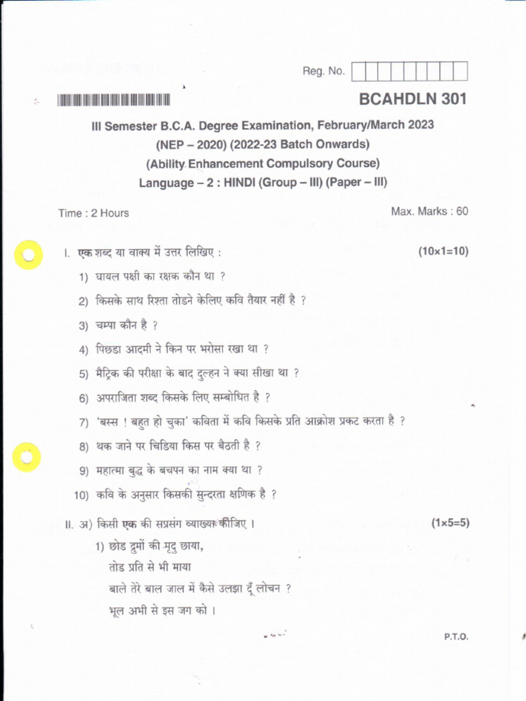 BCA III Semester Hindi NEP Feb 2023 | PDF
