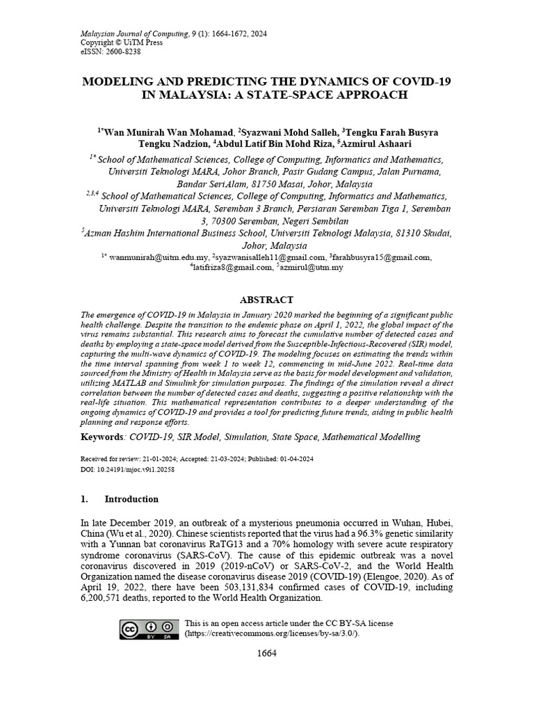Modeling and Predicting The Dynamics of Covid 19 in Malaysia A State Space Approach | PDF ...
