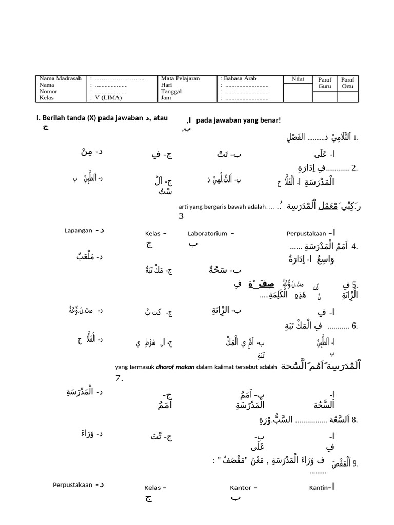 Soal Latihan UTS B Arab Kelas 5 SDIT MI Semester 2 Genap | PDF