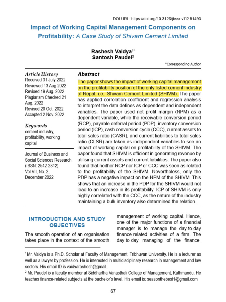 Impact of Working Capital Management Components On Profitability A Case Study of Shivam Cement ...