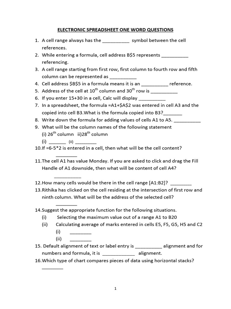 Spreadsheet One-Word Questions Guide | PDF | Spreadsheet | Formula