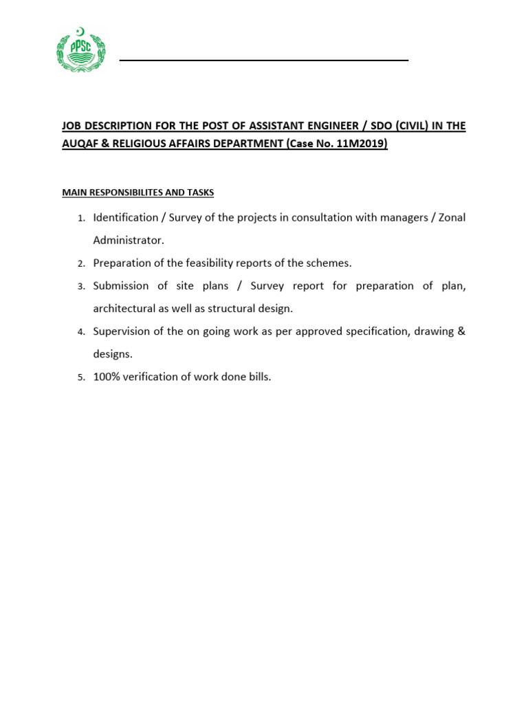 Assistant Engineer Job Description - Punjab | PDF