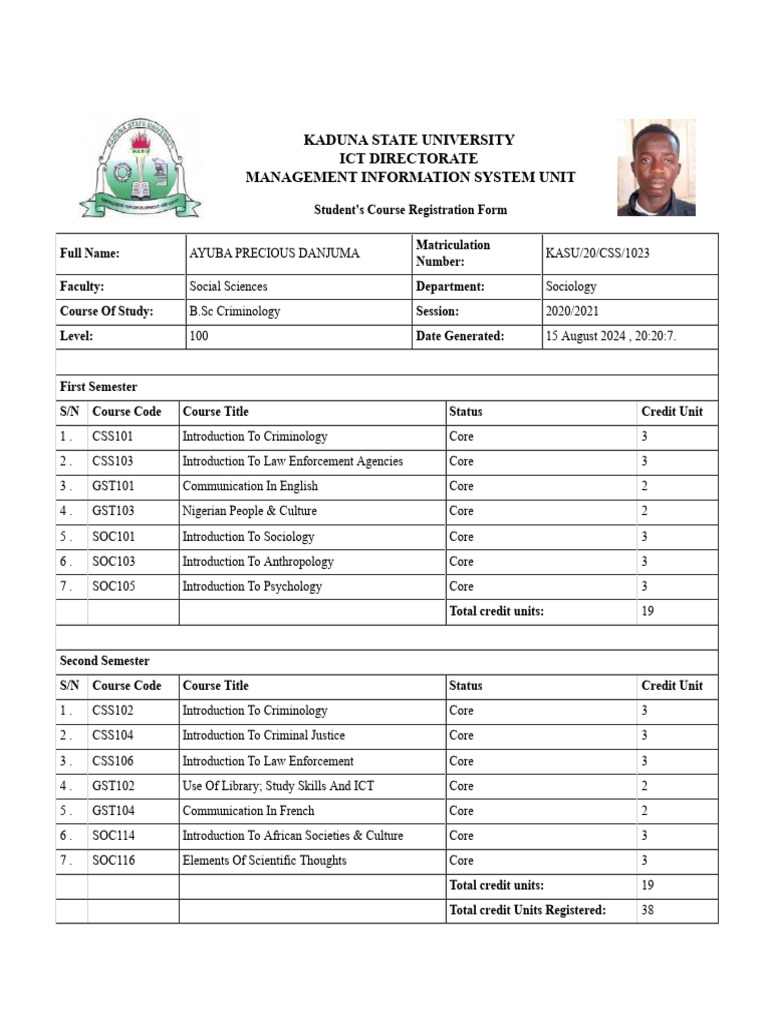 KASU Course Registration Form 2020/2021 | PDF | Liberal Arts Education ...