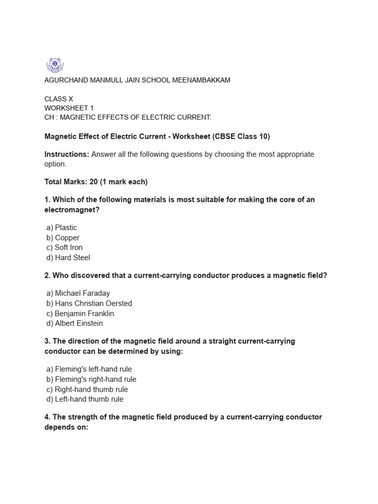 Practice Worksheet - 1 Magnetic Effect of Electric Current | PDF ...