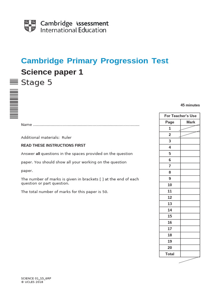 2018 Cambridge Primary Progression Test Science Stage 5 QP Paper 1 ...