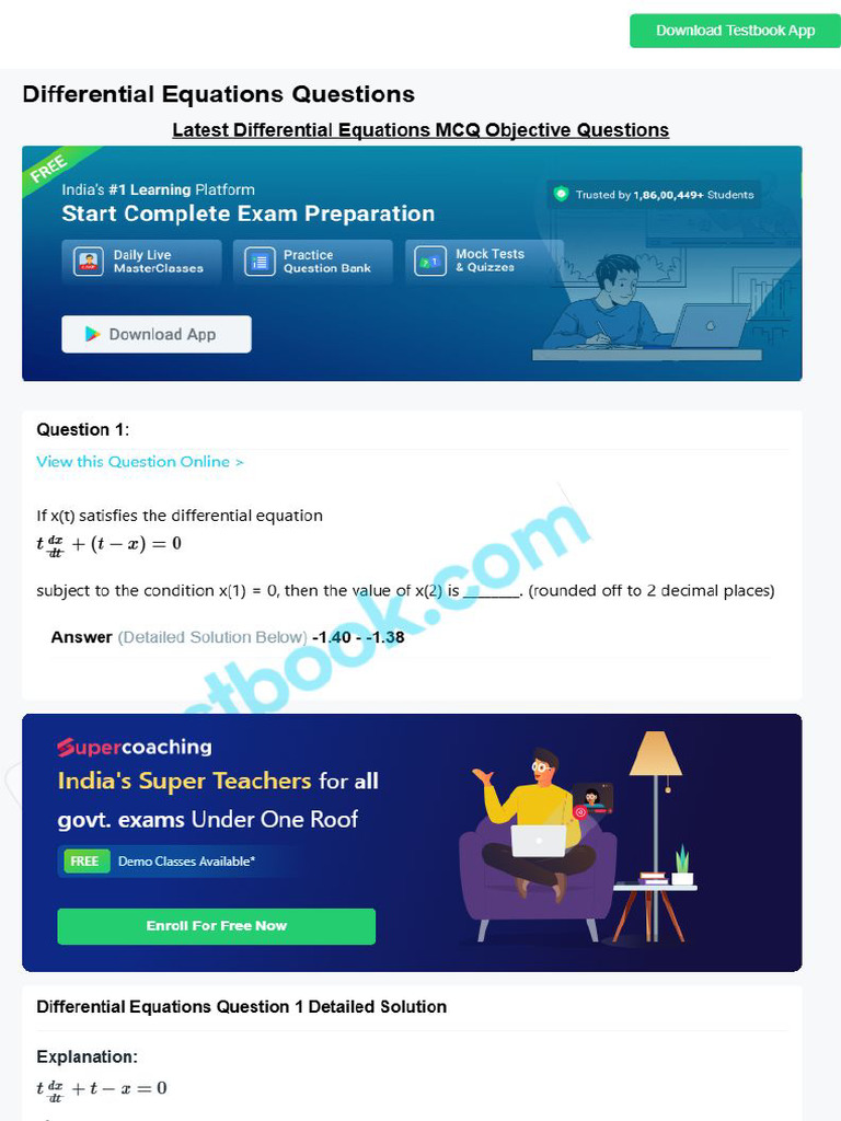 MCQ On Differential Equations 5eea6a0a39140f30f369dbdc | PDF