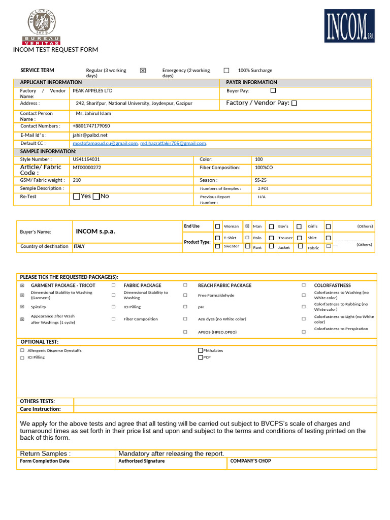BV TRF For INCOM SPA v-1 - 1st Mar 24 | PDF | Textiles | Dye