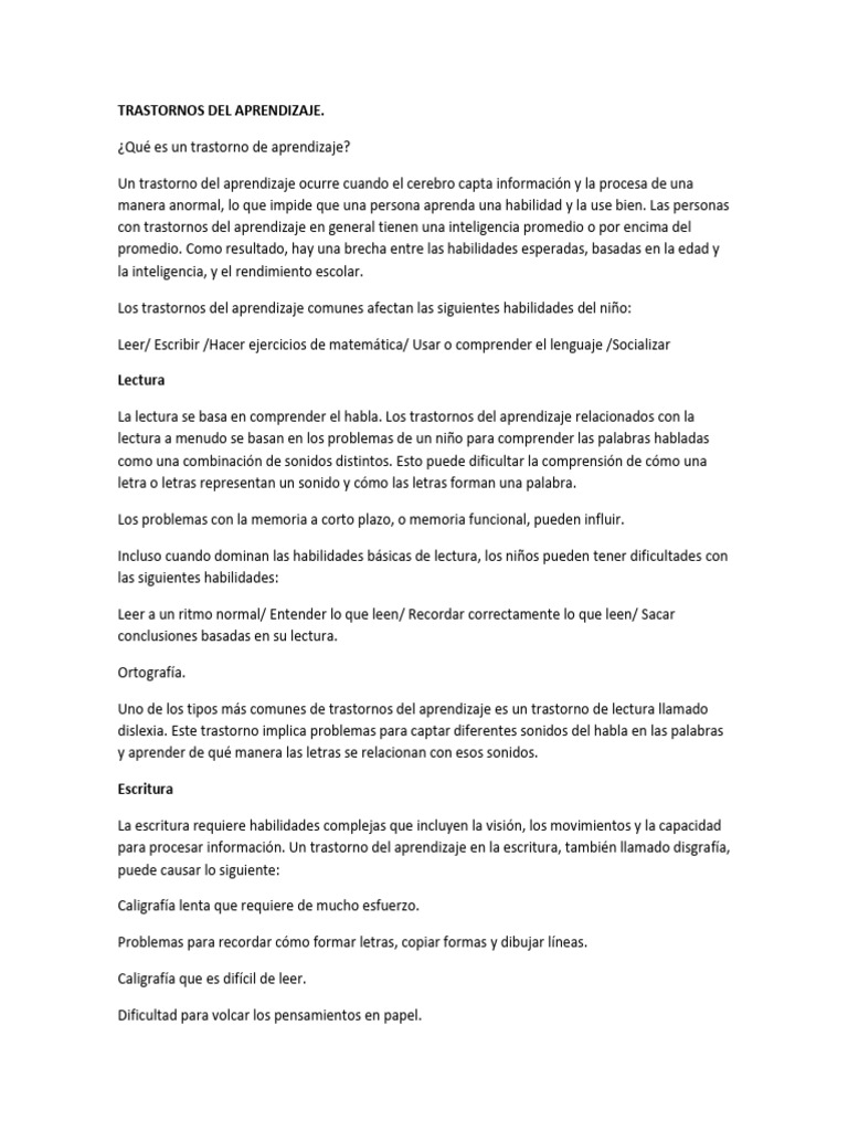 Trastornos Del Aprendizaje | PDF | Aprendizaje | Desorden hiperactivo y deficit de atencion