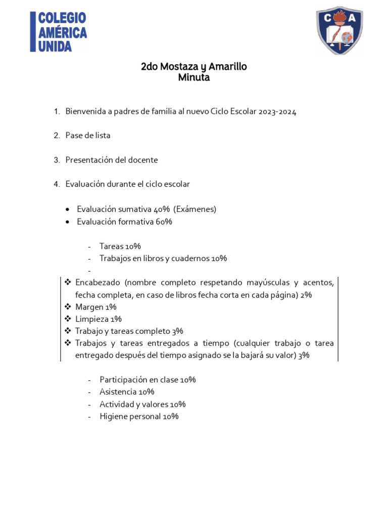 Minuta Ciclo Escolar 2023-2024 | PDF