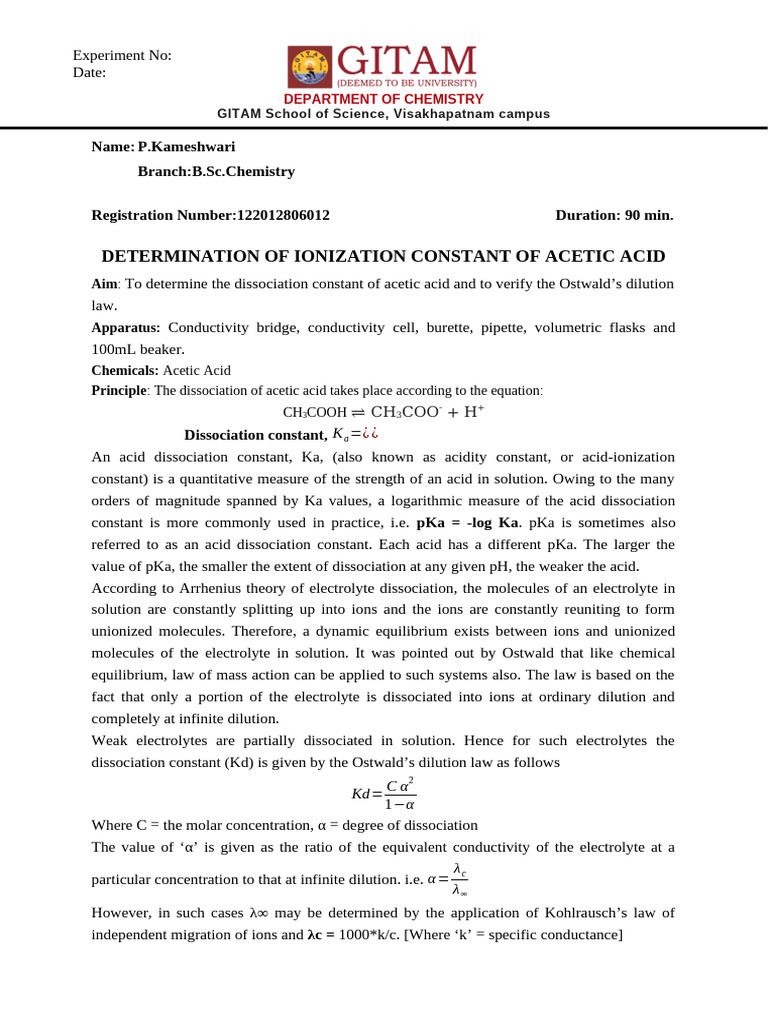 Ionization Constant of Acetic Acid Experiment | PDF