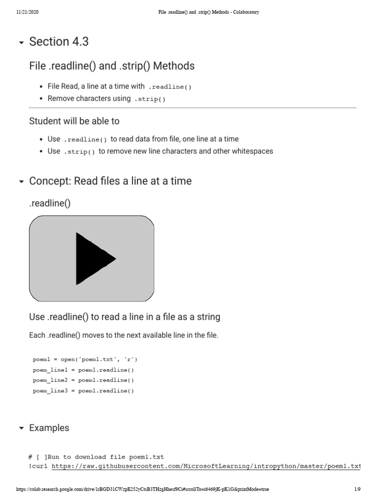 File .Readline and .Strip Methods - Colaboratory | PDF | Text File | Color