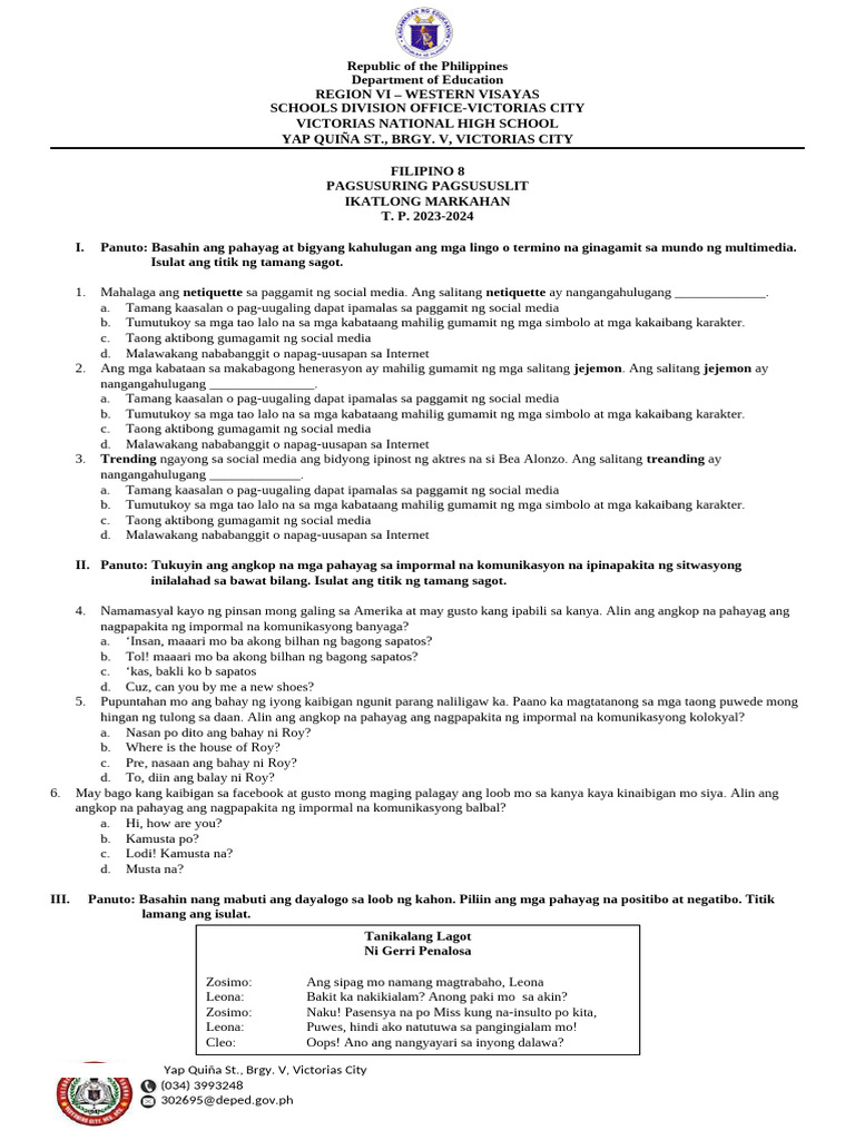 Filipino 8 Q3 Diagnostic-Test | PDF