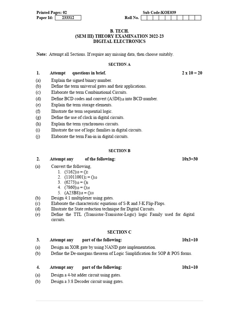 Digital Electronics Exam Paper 2023 | PDF | Logic Gate | Digital ...