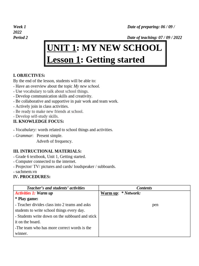 PERIOD 2 - E6 -UNIT 1 GETTING STARTED | PDF | Vocabulary | Learning