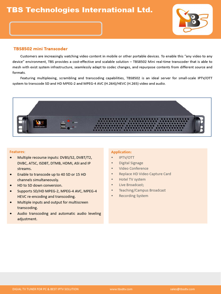 TBS8502 Real-Time Mini Transcoder Data Sheet | PDF | Digital Television | Media Formats