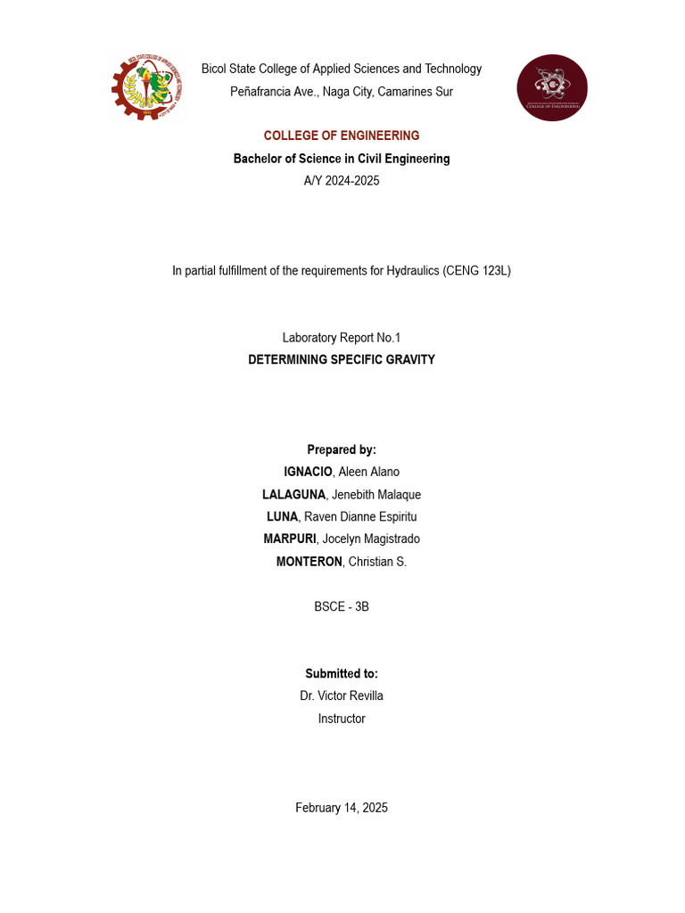 Laboratory Report 1 Ceng123l | PDF | Density | Pressure