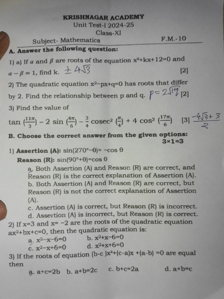 Mathematics - Question Paper - Unit Test 1 - Isc Class 11 - 15-Jul-2024 ...