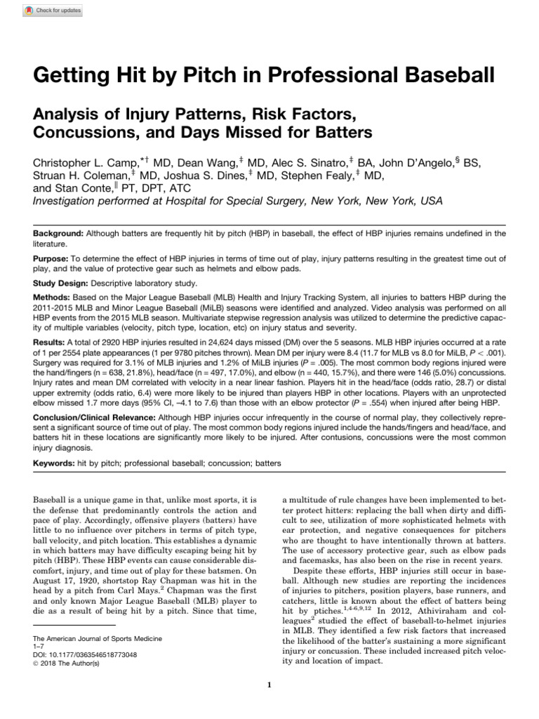 HBP Injuries in Professional Baseball | PDF | Ball And Bat Games