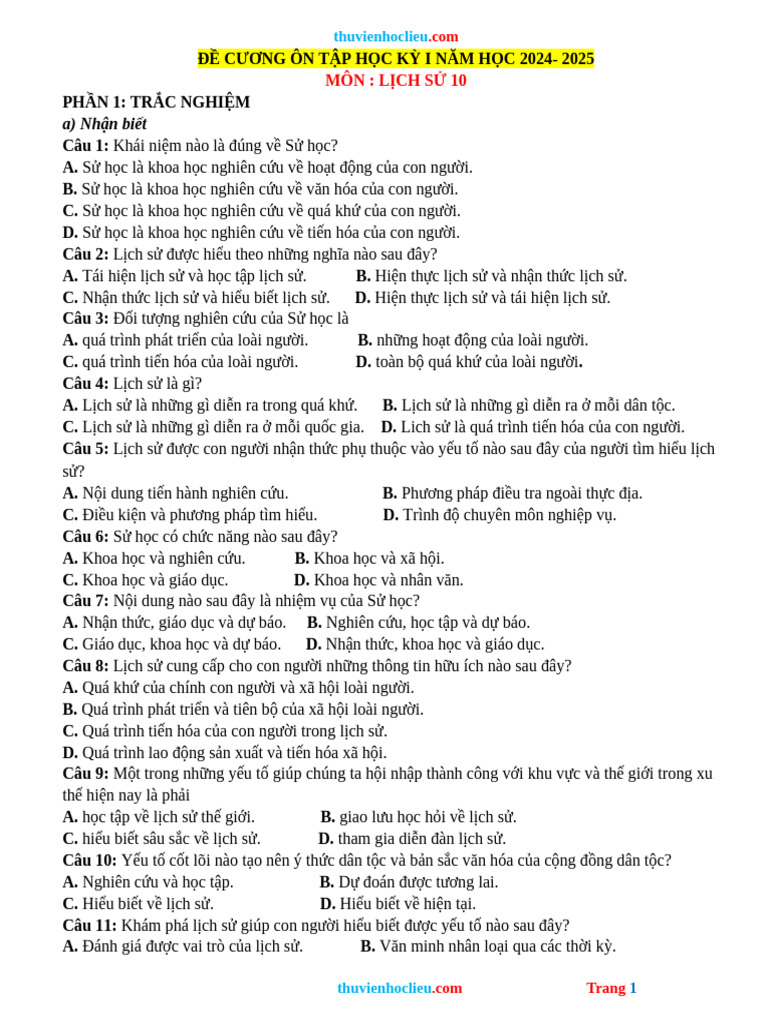 De Cuong On Tap Giua HK1 Lich Su 10 KNTT Nam Hoc 24 25 | PDF