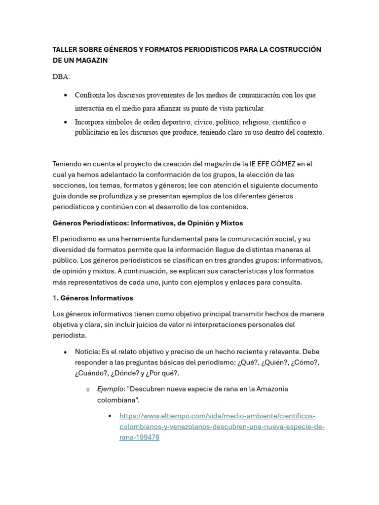 250213 TALLER GÉNEROS PERIODÍSTICOS | PDF | Medios de comunicación) | Comunicación