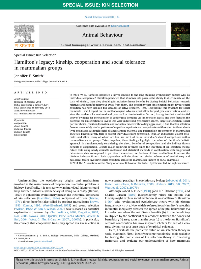 (2014) Hamilton’s legacy_kinship, cooperation and social tolerance ...