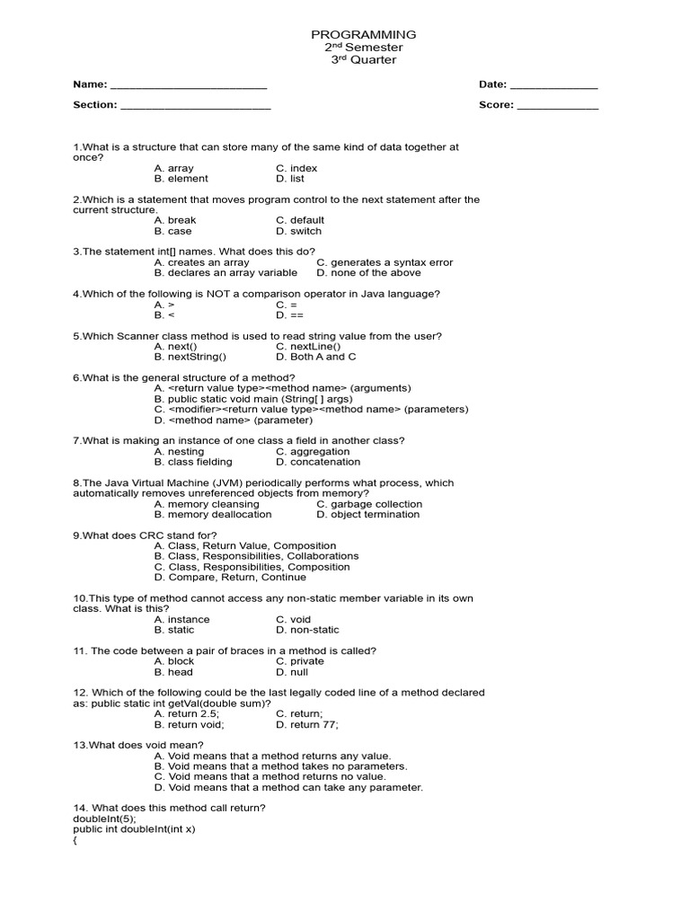 Q3ExamReviewerB | PDF | Integer (Computer Science) | Parameter (Computer Programming)