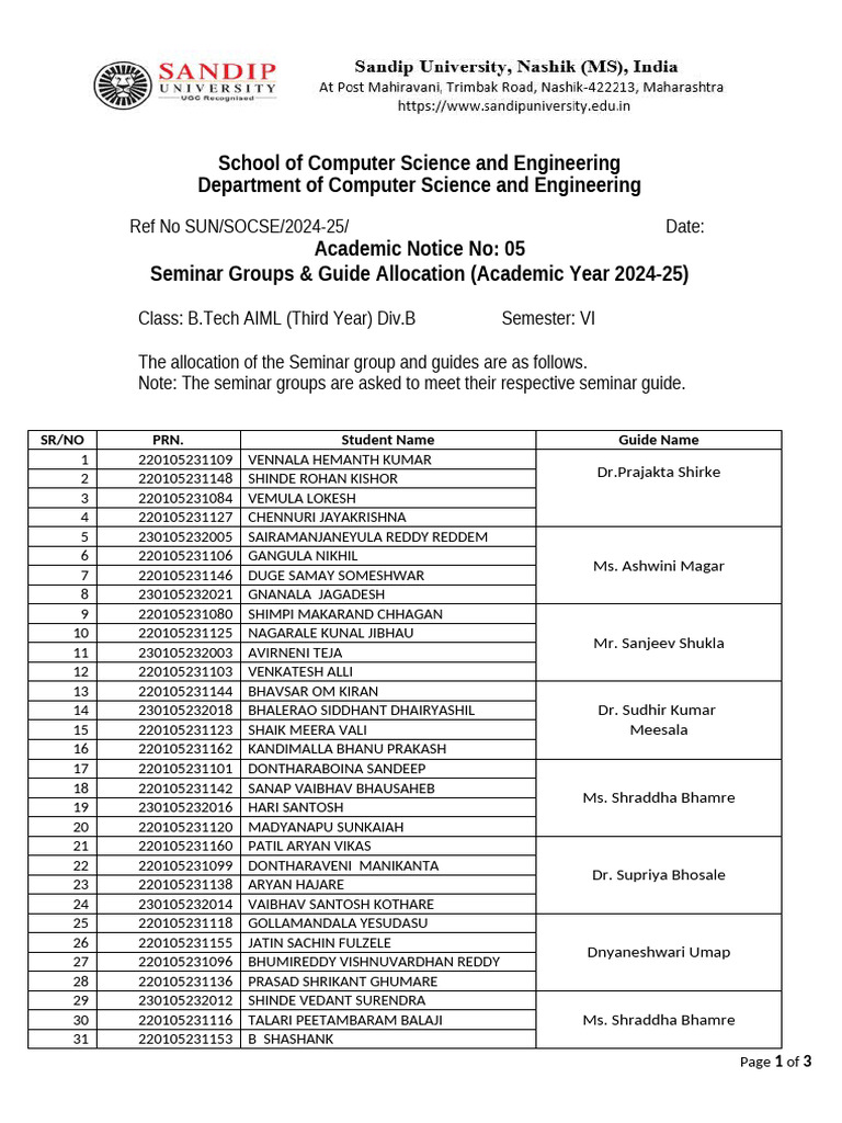 Student List and Guide Allocation AIML DIV B | PDF