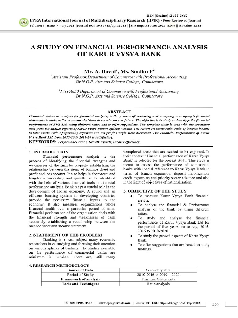 A STUDY ON FINANCIAL PERFORMANCE ANALYSIS OF KARUR VYSYA BANK - EPRA International Journal of ...