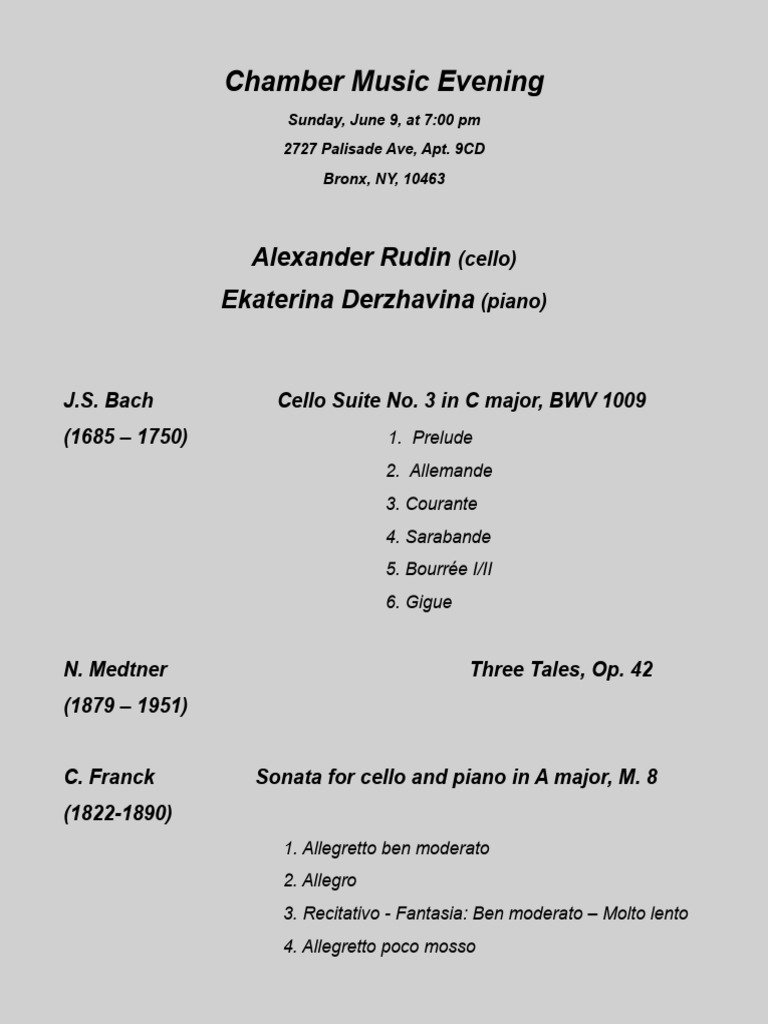 Chamber Music Evening. Sunday, June 9, at 7 PM - Alexander Rudin (Cello ...