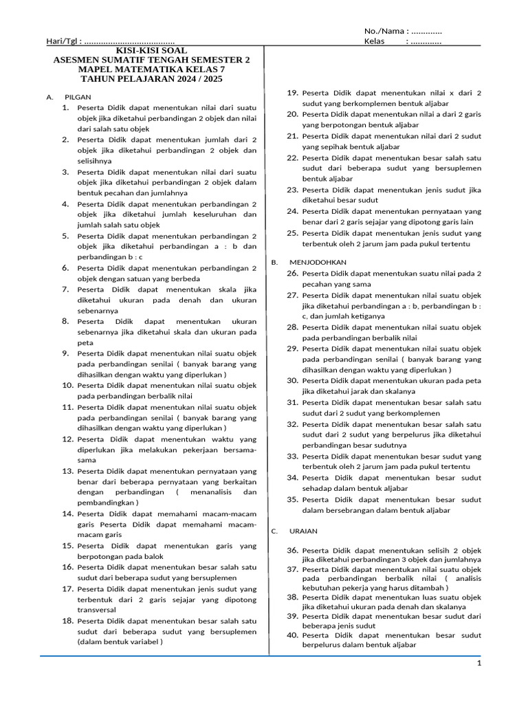 7. KISI-KISI_SOAL_ASTS2_MAT7_TP20242025 | PDF