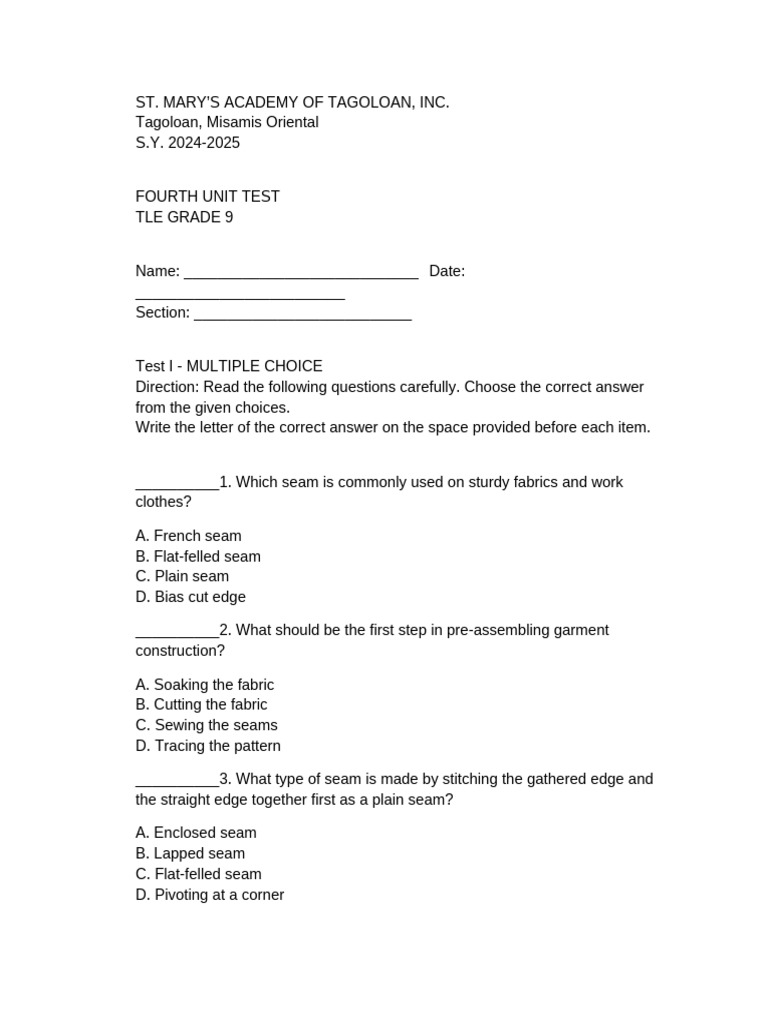 Dressmaking Test Fully Corrected | PDF | Seam (Sewing) | Sewing