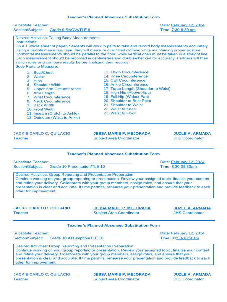Sample Teachers Absence Substitution Form | PDF | Waist | Seam (Sewing)