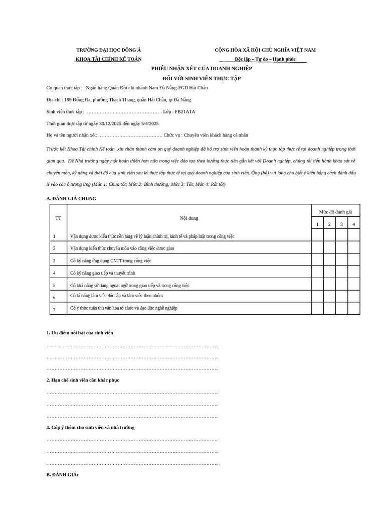 04 Nhan Xet Cua Don Vi Thuc Tap 2021 (Có Cham Diem) | PDF