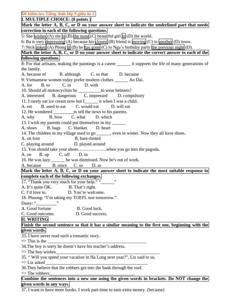 Đề kiểm tra Tiếng Anh lớp 9 giữa kì 1 năm 2022 | PDF