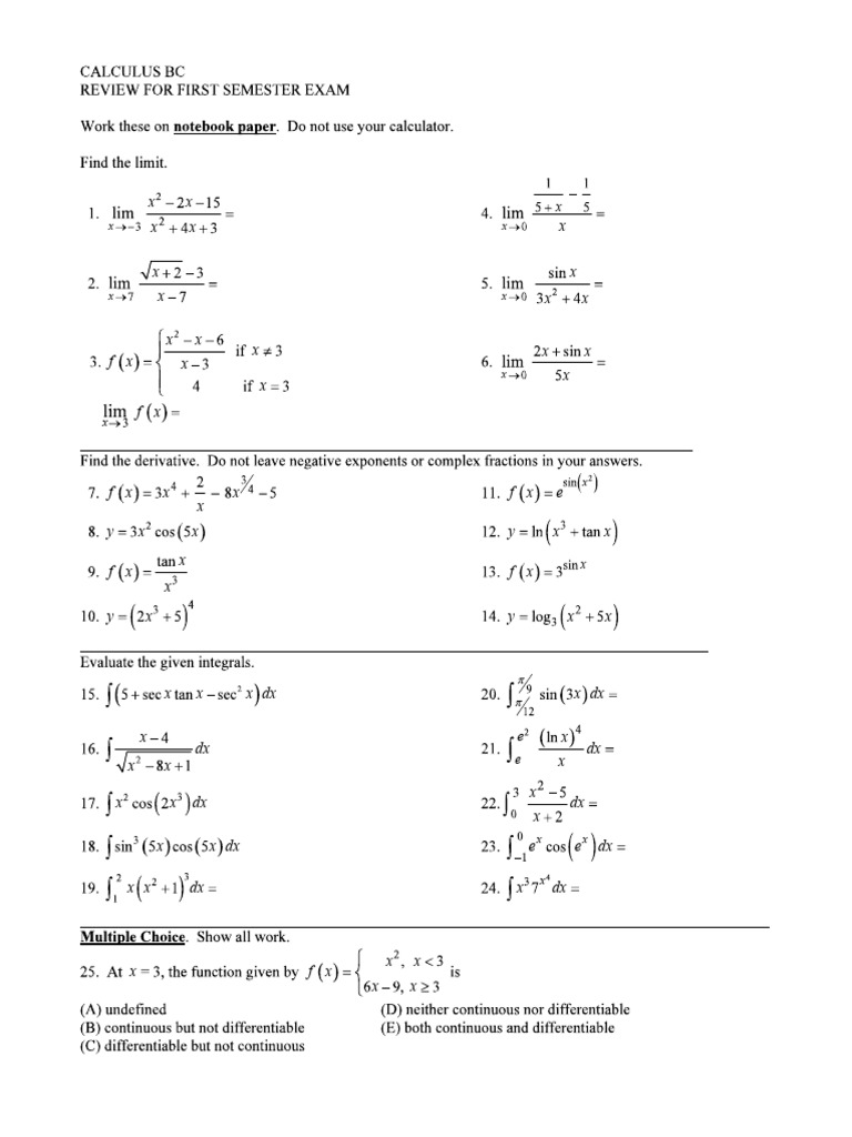 Calculus BC Midterm Review | PDF