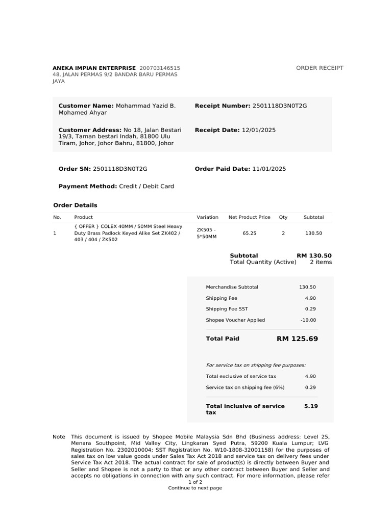 Shopee Order Receipt for Mohammad Yazid | PDF | Taxes | Payments