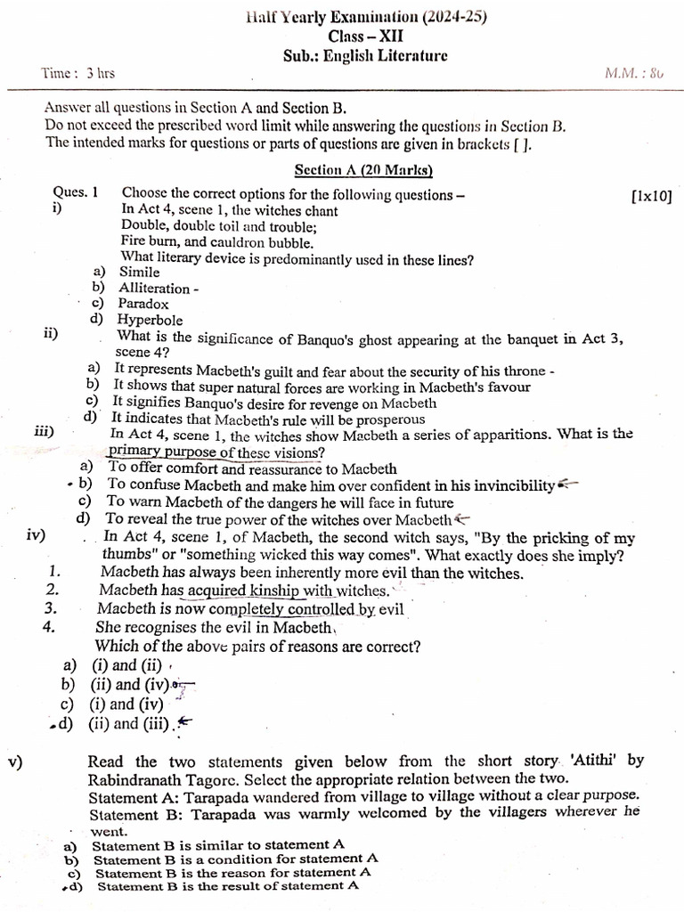 Eng Lit. & Lang. Half-Yearly Ques Papers | PDF