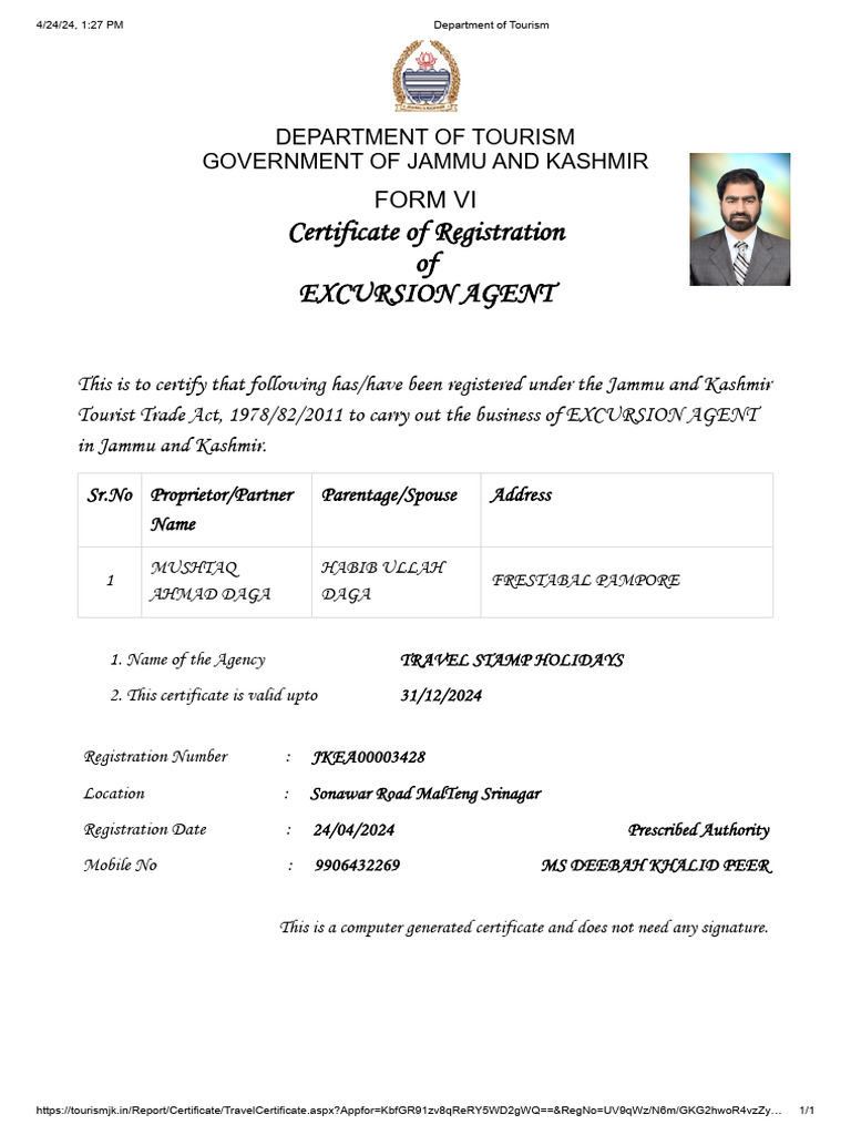 Excursion Agent Registration Certificate | PDF