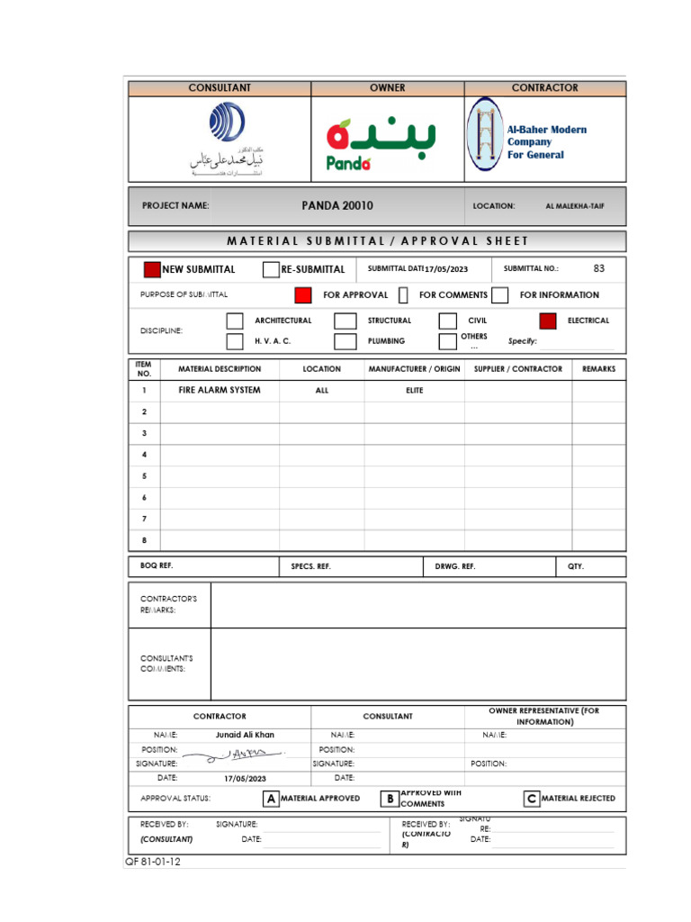 Material Submittal Approval Sheet | PDF