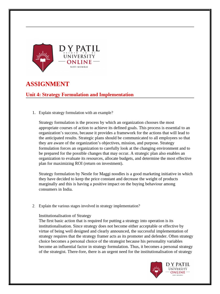 Unit 4 (Assign) Strategy Formulation and Implementation Submitted | PDF ...