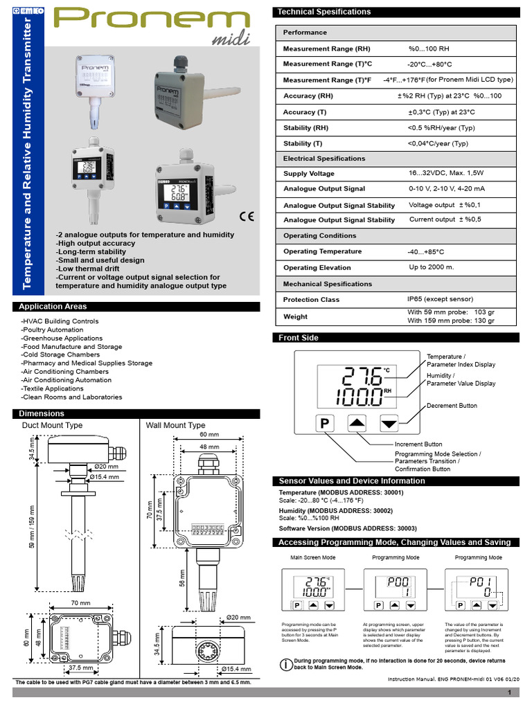 Temperature and Relative Humidity Transmitter ProNem-Midi.eng | PDF ...