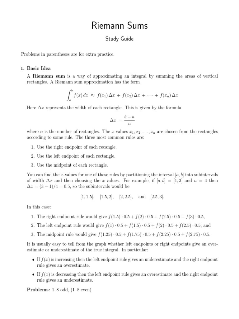 Riemann Sums Study Guide | PDF | Area | Calculus