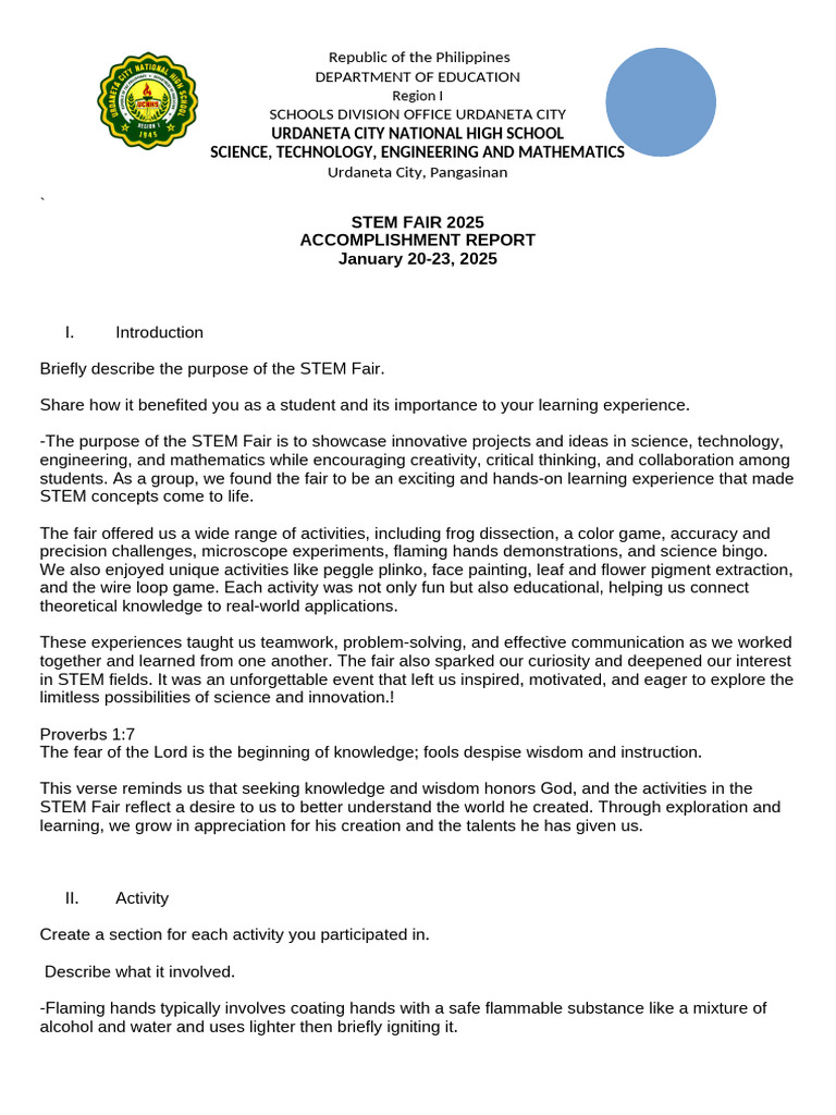 Accomplishment Report-STEM Fair | PDF | Fires